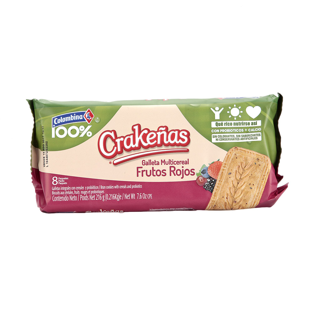 Galletas Crakeñas Multicereal Frutos Rojos x 8Paq. x 216g, Galletas ...